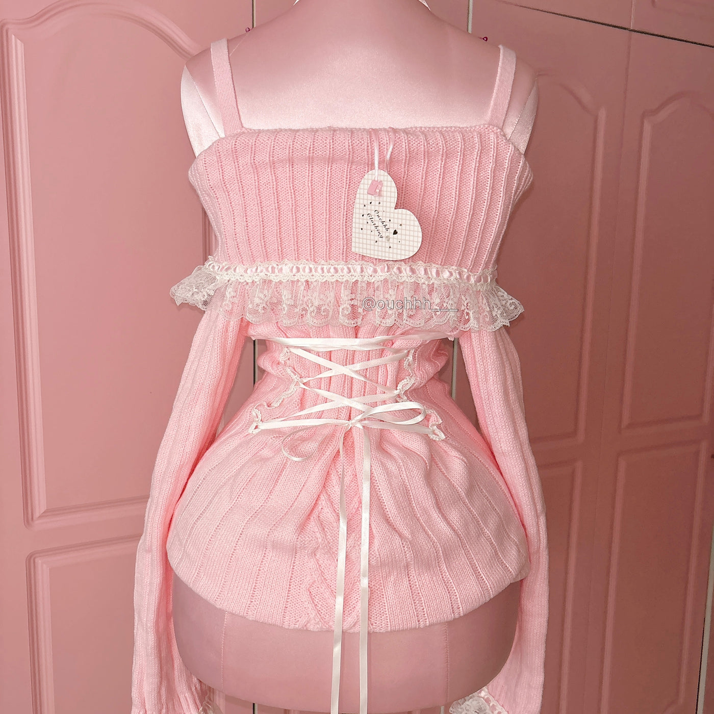 Cable Knit Ribbon Lace up Handmade Sweater (Pink)