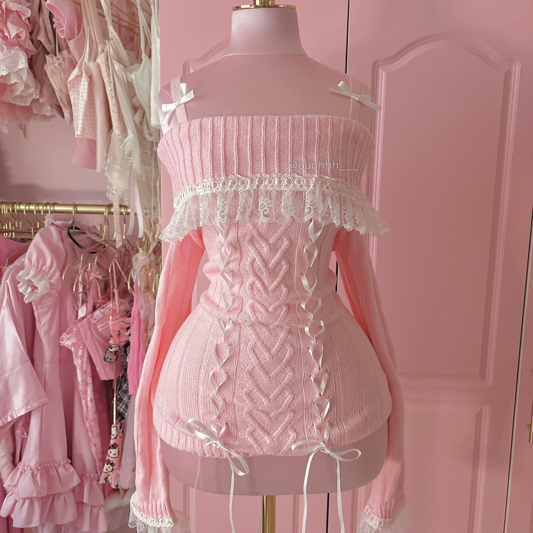 Cable Knit Ribbon Lace up Handmade Sweater (Pink)